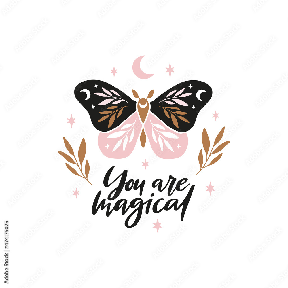 Celestial butterfly vector illustration. Mystical moth with moon phases ...