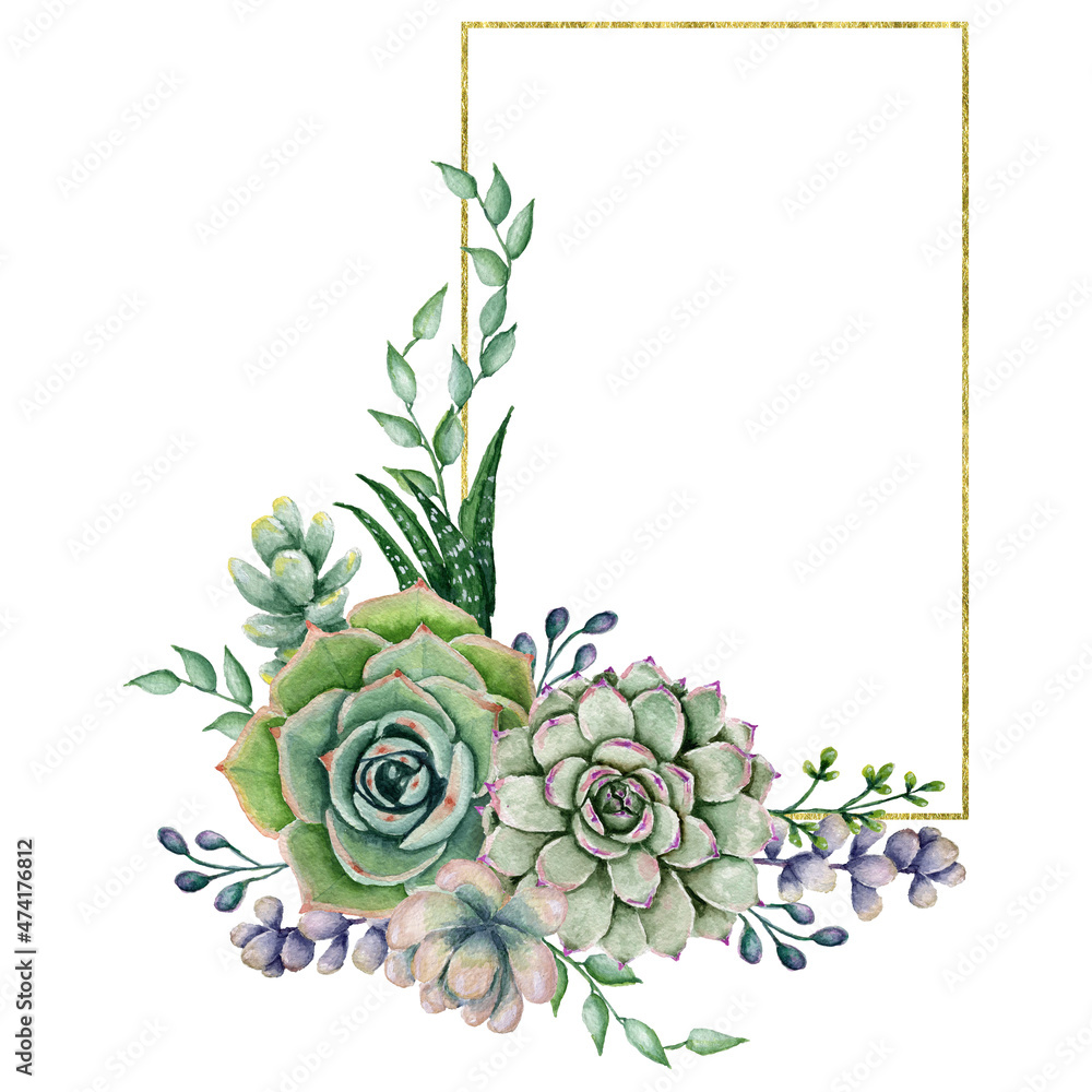 Hand painted succulent rectangle frame, Watercolor polygonal floral ...