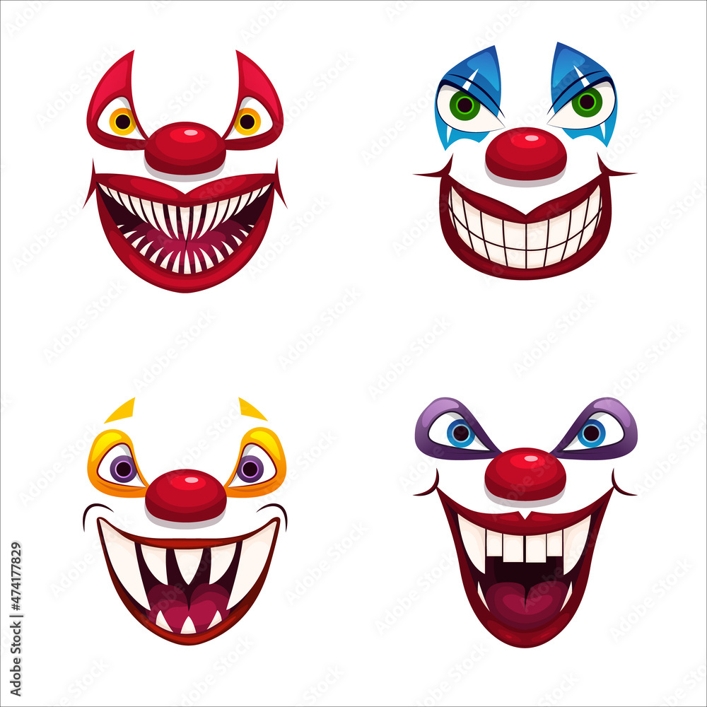 Crazy clowns faces on white background. Fantastic scary clown. Isolated ...