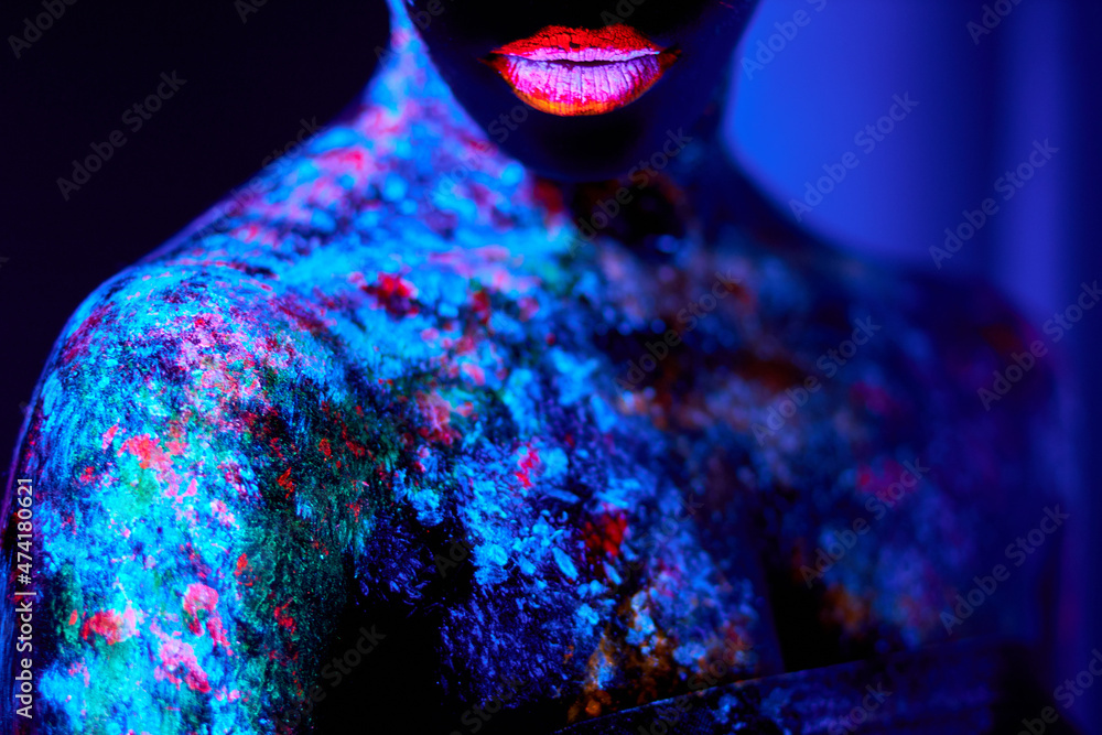 Close-up Portrait Of Female Lips, With Dark SKin In Fluorescent Body ...