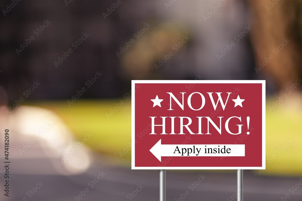 Outdoor lawn sign now hiring apply inside with a direction arrow ...
