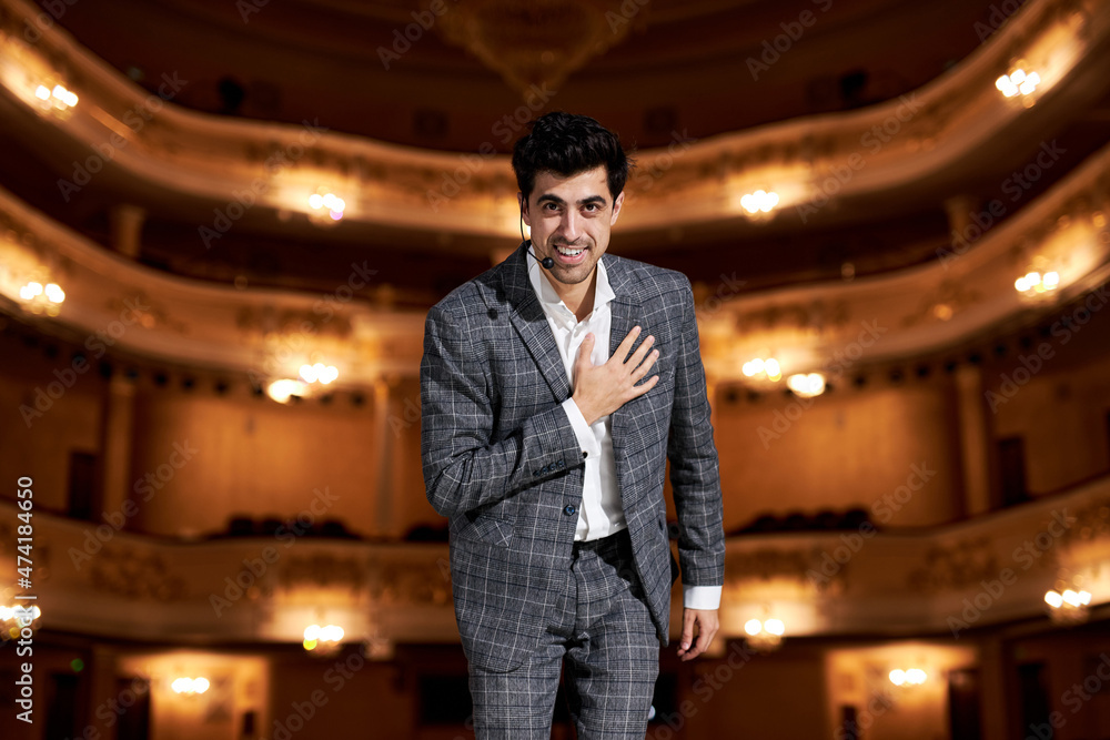 handsome actor bow down after performance, expressing gratitude ...