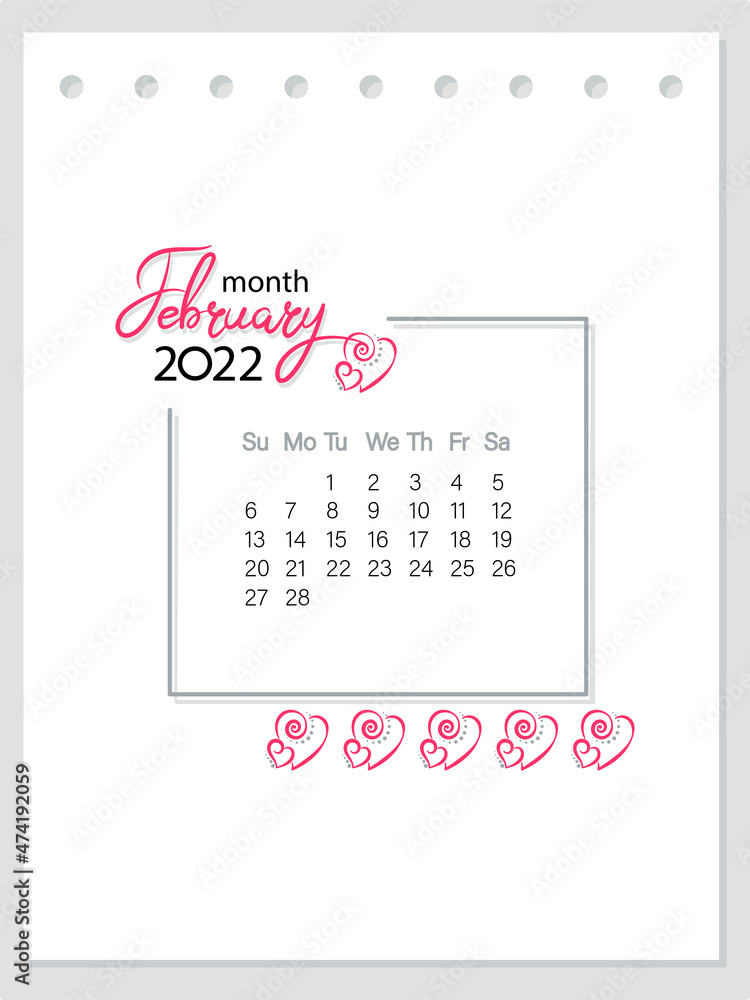 February month. Calendar 2022 year. Calender layout. Week starts Sunday ...