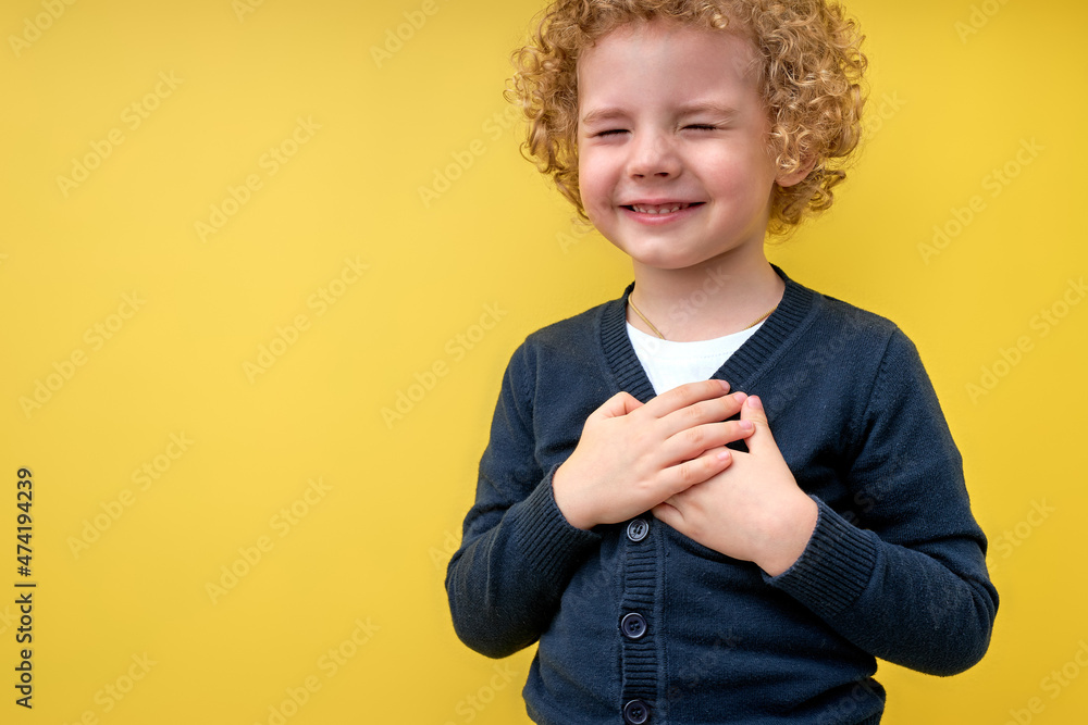 Joyous caucasian boy kid wearing casual clothes smiling with hands on ...