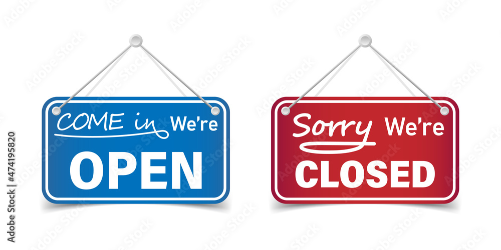 Open and closed banner icon in flat style. Schedule on door vector ...