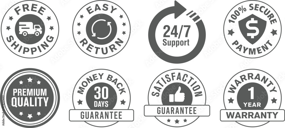 Set of e-commerce security icons for free shipping, easy return, 24 ...