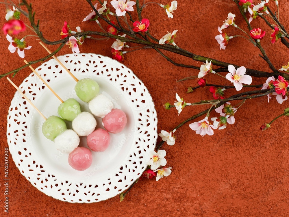Sanshoku Dango Japanese Mochi, Pink, White, and Green Colored Dumplings ...