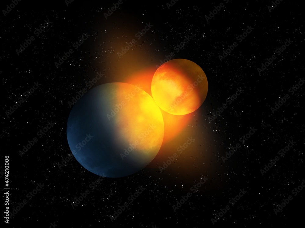Collision of two planets in space. A cosmic catastrophe, a bright ...