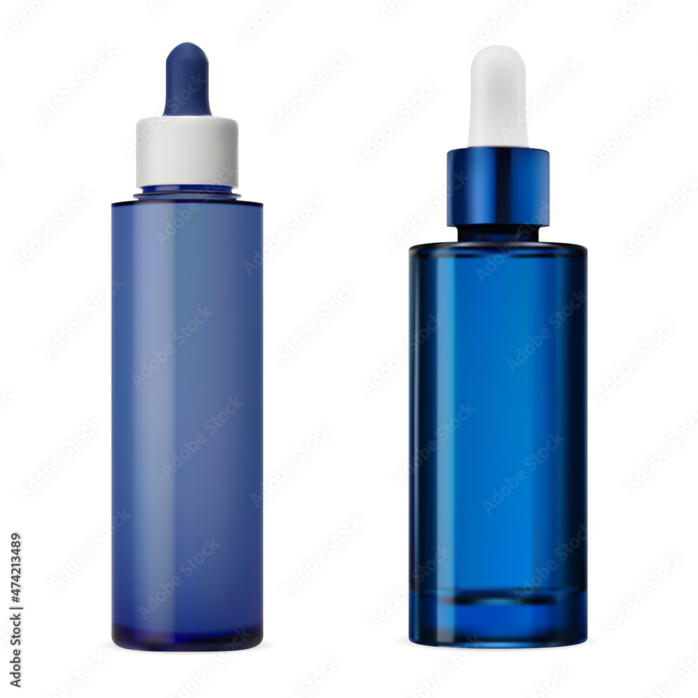 Blue glass serum dropper bottle, clear cosmetic container. Essential ...