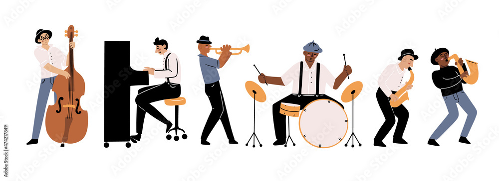 Hand drawn jazz band playing different musical instruments in cartoon ...