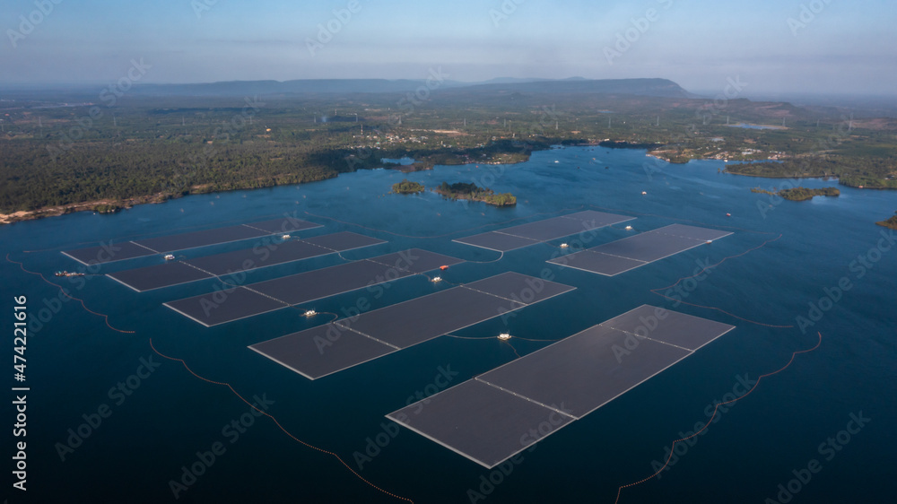 Aerial view floating solar cell power plant with solar cell generate ...