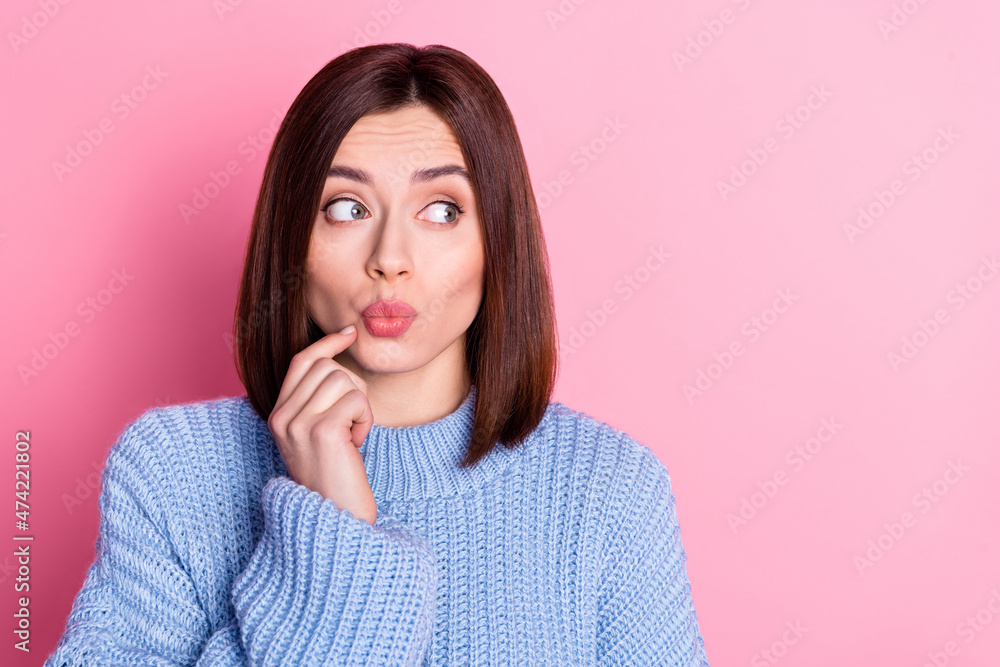 Portrait of attractive amazed funny cute brown-haired girl deciding ...