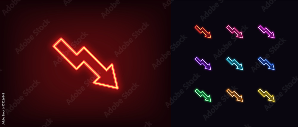 Outline neon decrease arrow icon. Glowing neon decline chart sign, downward arrow pictogram in ...