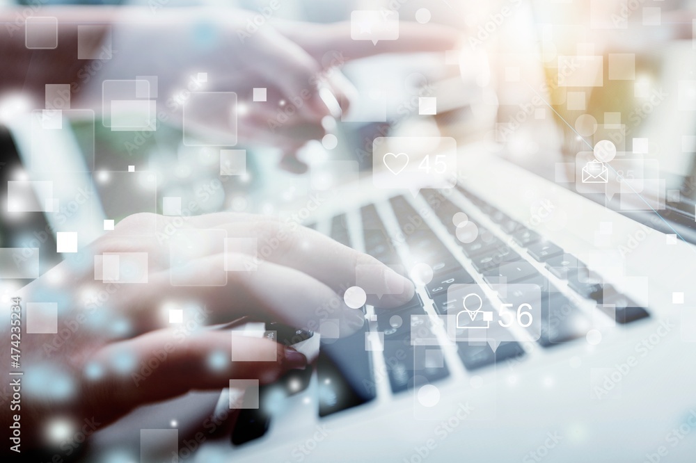 Human using laptop, internet of things conceptual sign, modern tech ...