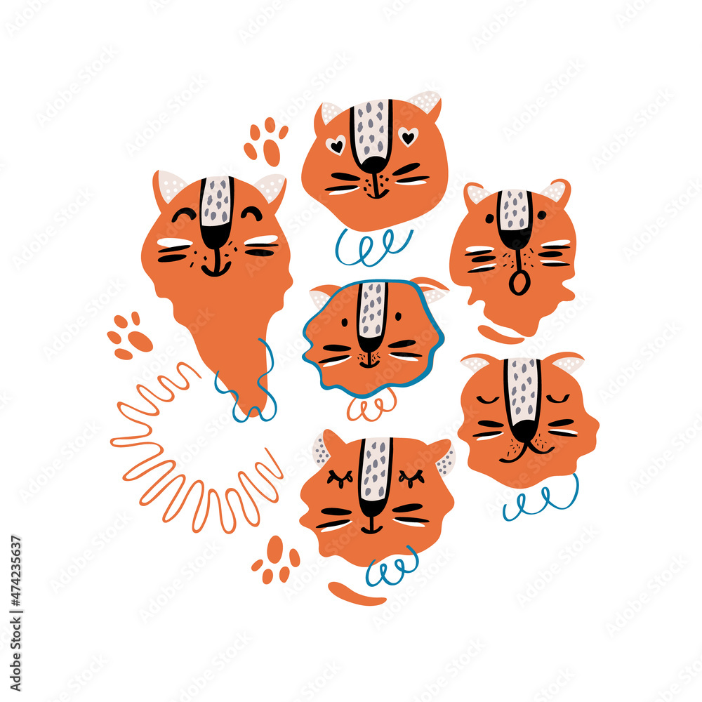 Circle of cute vector graphic little tigers. Chinese 2022 year symbol. Year of tiger. Cartoon ...