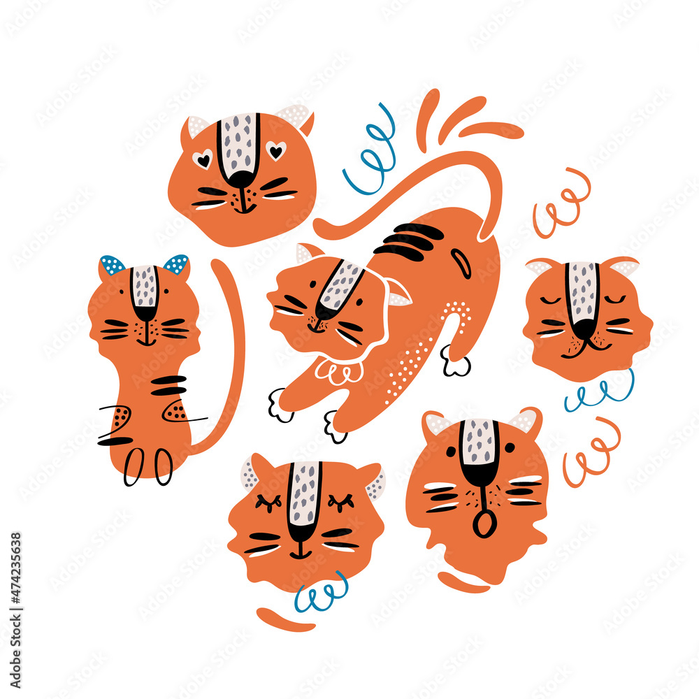 Circle of cute vector graphic little tigers. Chinese 2022 year symbol. Year of tiger. Cartoon ...