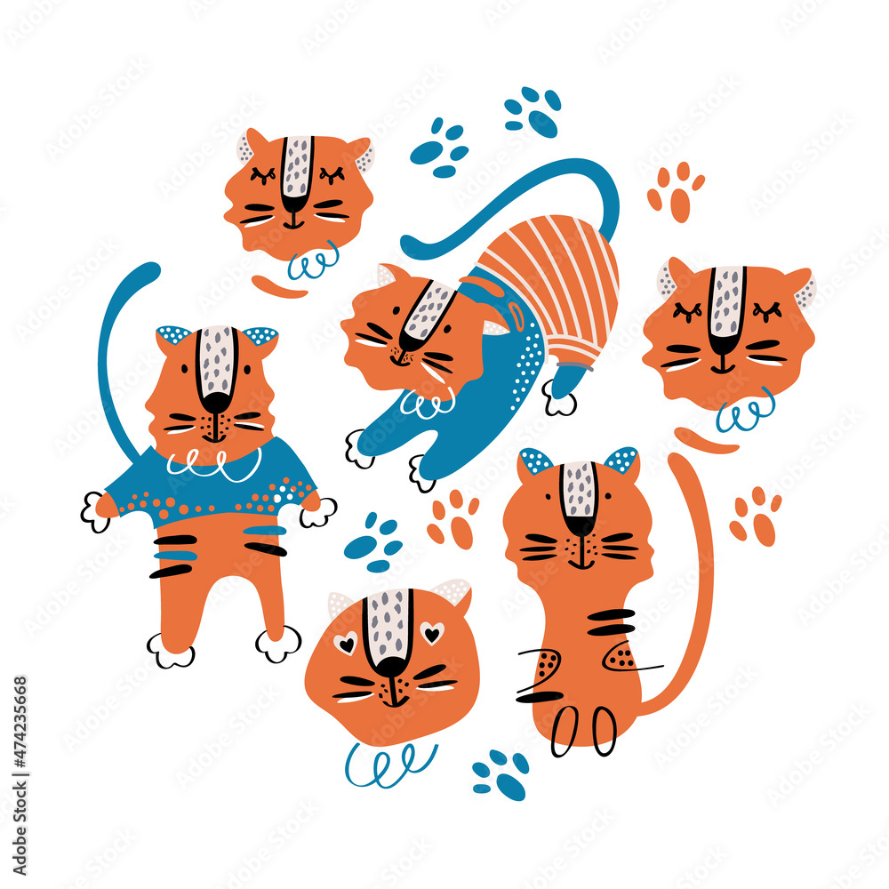 Circle of cute vector graphic little tigers. Chinese 2022 year symbol. Year of tiger. Cartoon ...