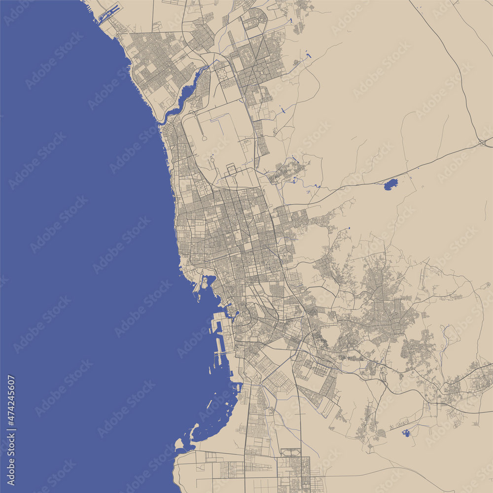 Detailed vector map poster of Jeddah city, linear print map. Blue ...