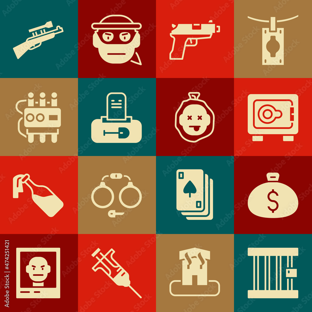 Set Prison window, Money bag, Safe, Pistol or gun, Grave with tombstone ...