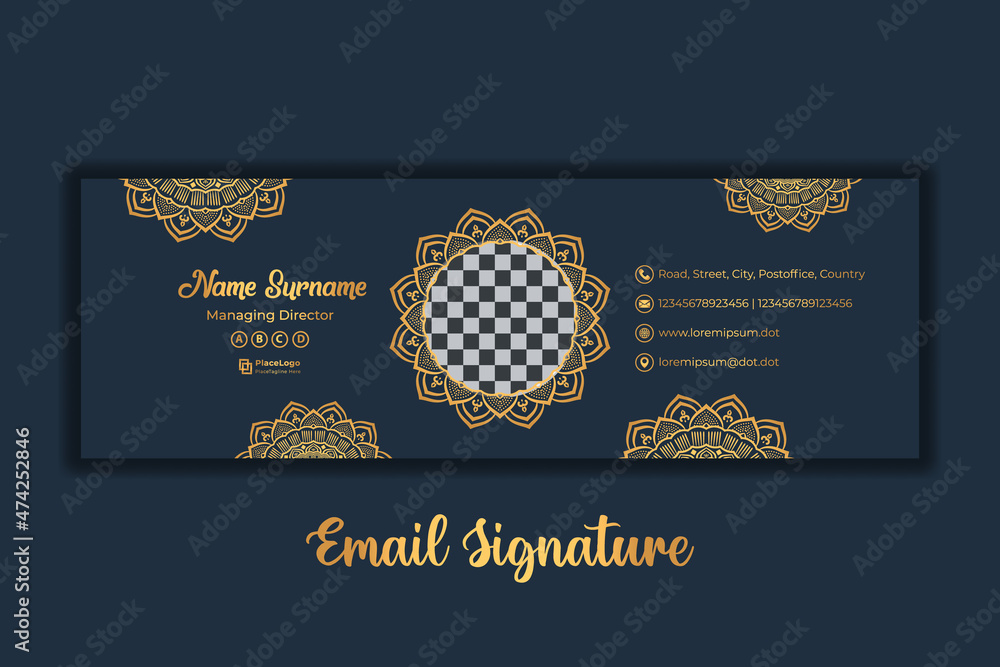 Unique golden mandala Email Signature Template. A floral ornamental ...
