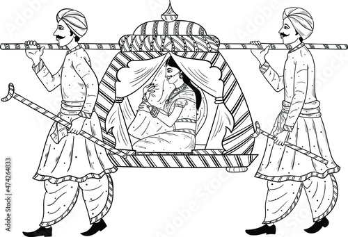 Plakat Indian wedding symbol bride in Doli vector line art clip art ...