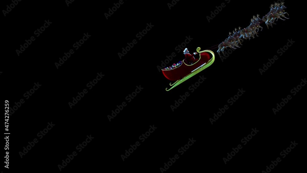santa claus and his reindeer flying on black background leaves behind ...