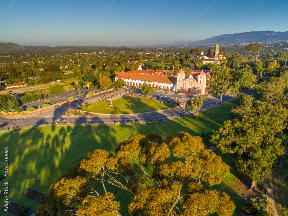 aerial view of Mission Santa Barbara and the Rose Garden, Santa Barbara ...