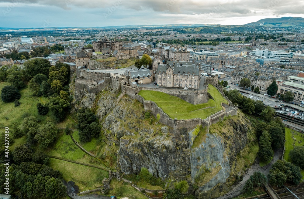 Aerial view of Edinburgh castle looms overlooking the Old Town ...