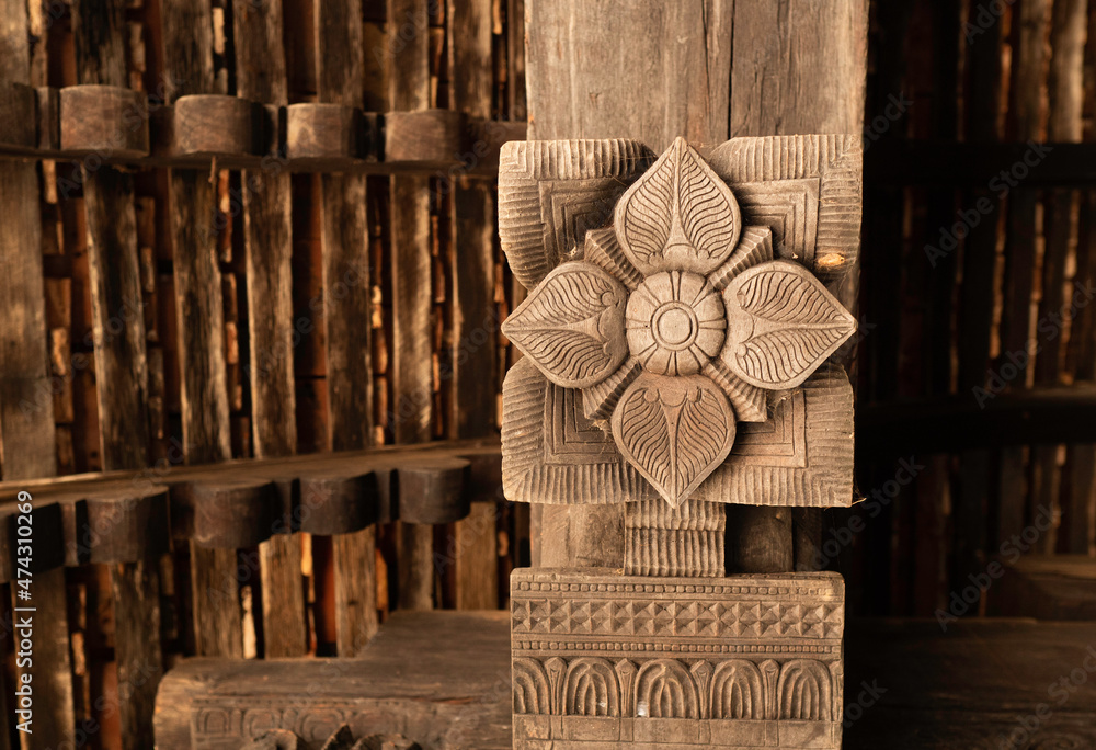 Traditional wood carvings of Embekka Devalaya Stock Photo | Adobe Stock