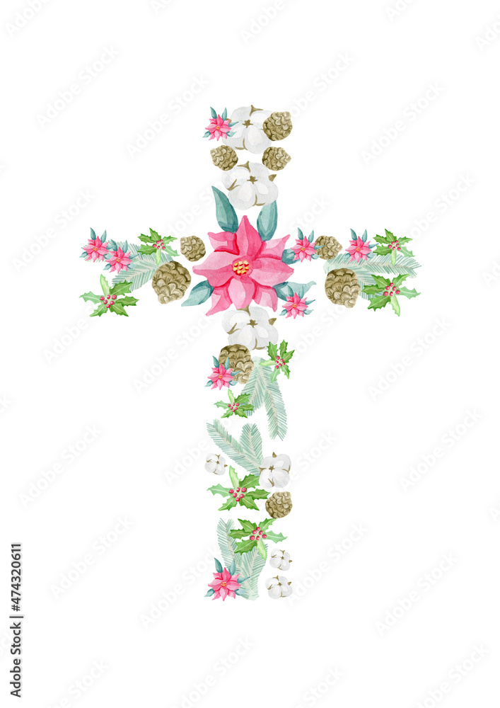 Cross of flowers for Christmas holidays branches cones cotton sharpened ...