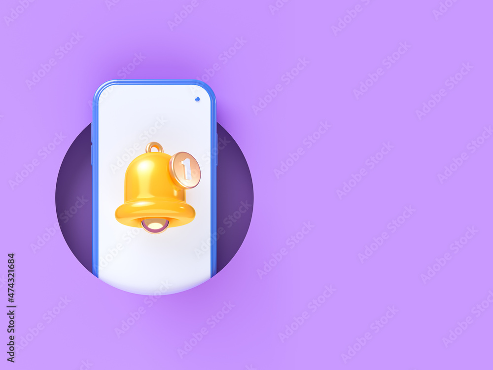 Minimal Notification bell icon in phone isolated on purple background ...