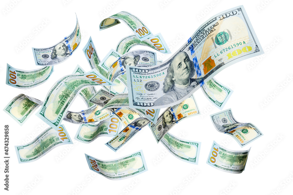 Falling hundred dollar bills isolated on white Stock Photo | Adobe Stock