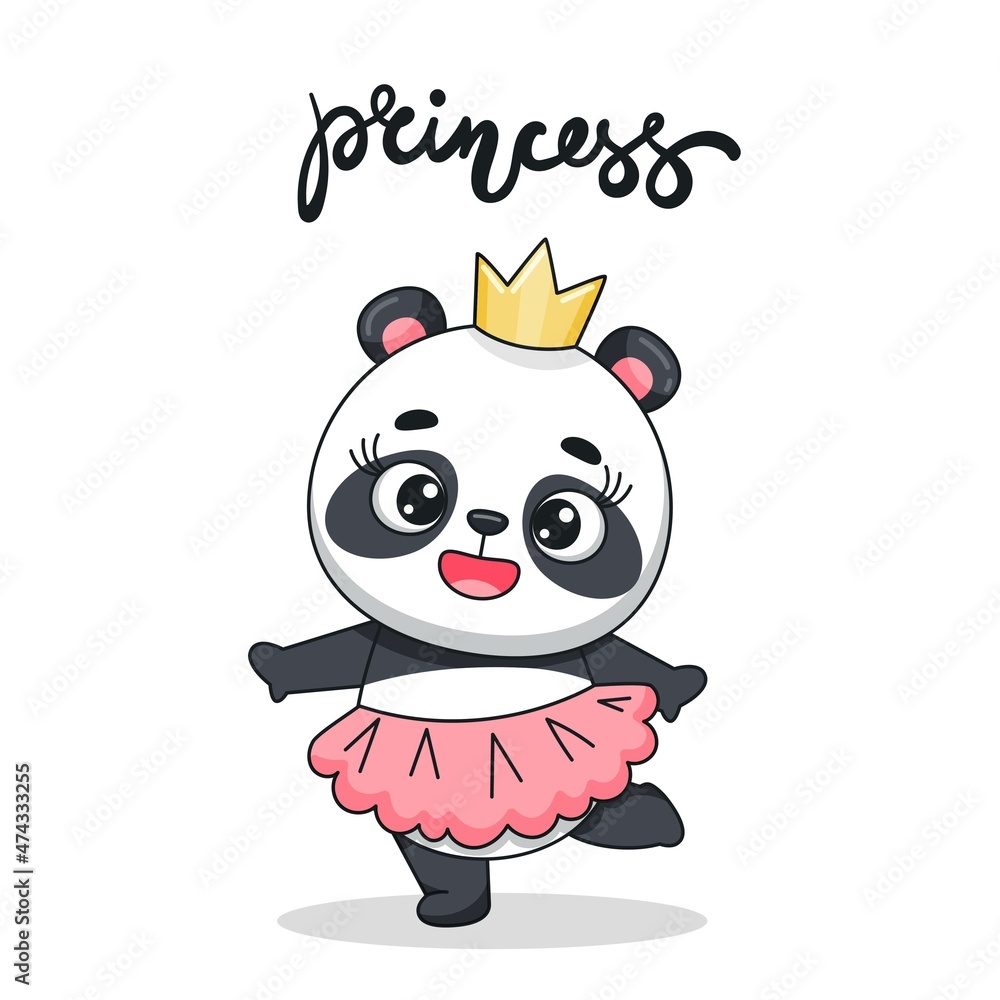 Little princess panda in a skirt and a crown is dancing.. Postcard in ...