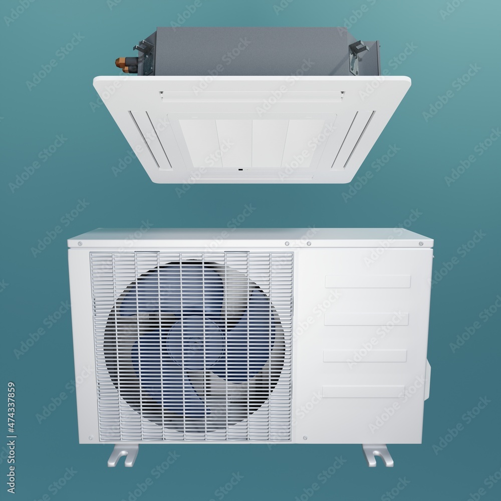 ceiling air conditioner and outdoor unit. 3d render Stock Illustration ...