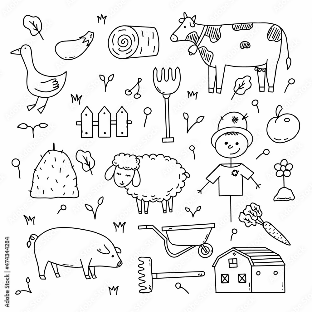 Hand drawing a set of farm animals and objects: cow, sheep, rake, barn ...