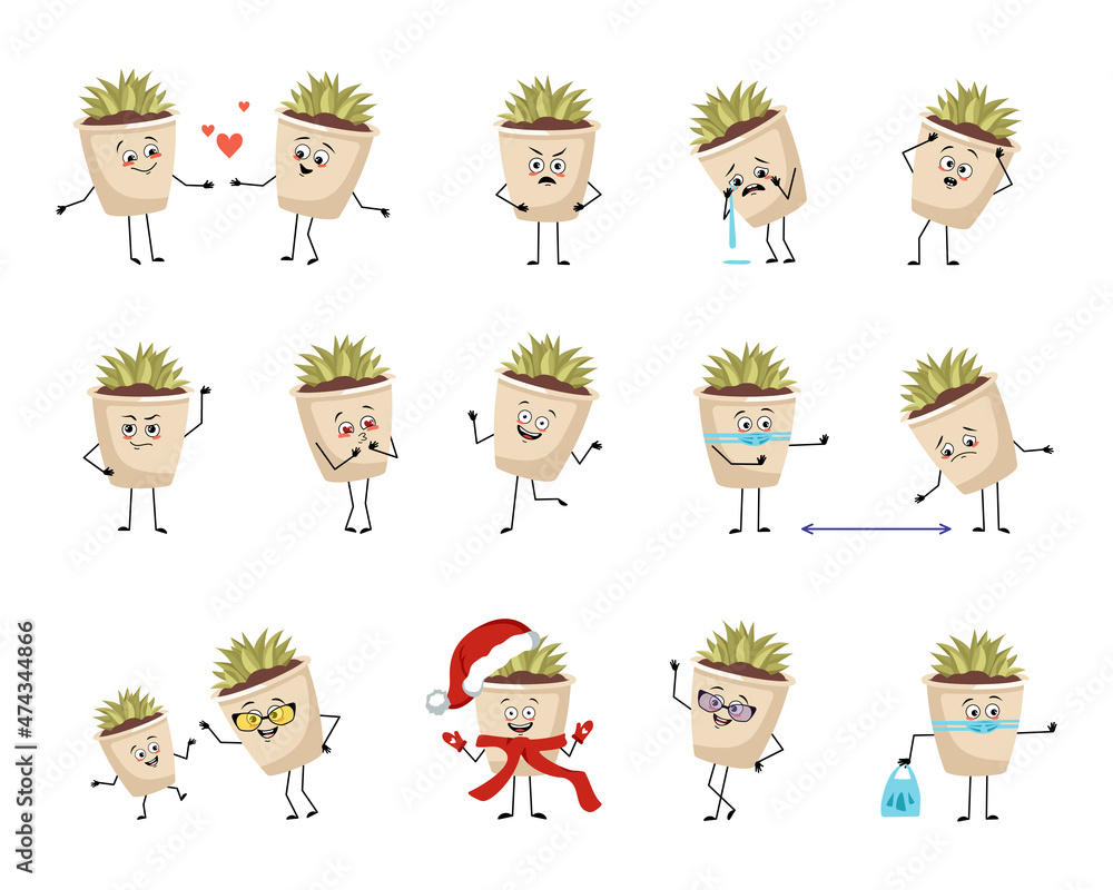 Set of cute character indoor plant in pot with joyful emotions, smile ...