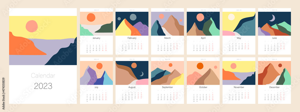 Calendar template for 2023. Vertical design with abstract natural boho ...