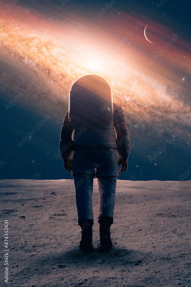 a spaceman walking on planet surface with an epic galaxy and stars in ...