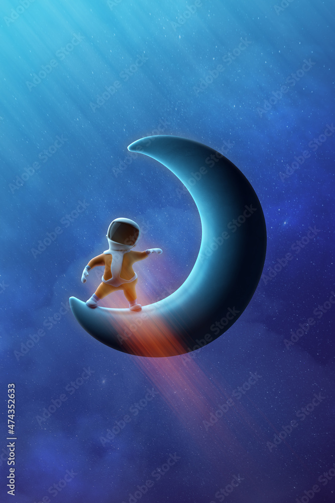Cartoon spaceman dancing on crescent moon. Toon space travel, explorer ...