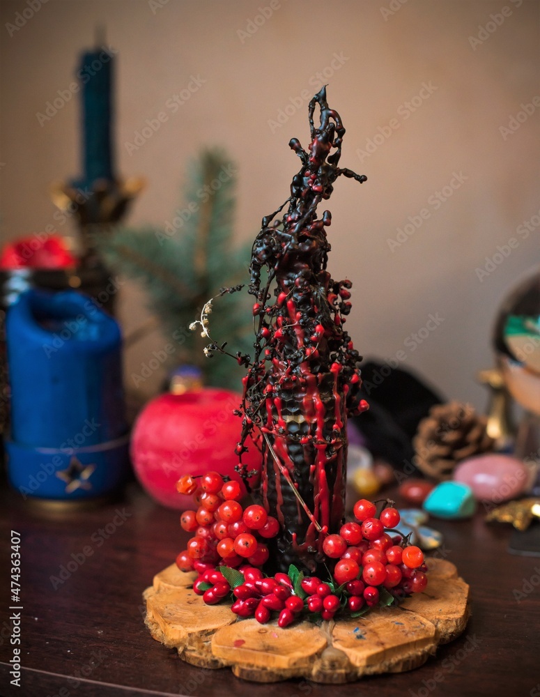 Altar of wicca, candle, magic books and other witch stuff. Mystic ...