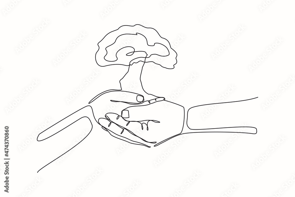 Continuous one line drawing two hands holding together a green young ...