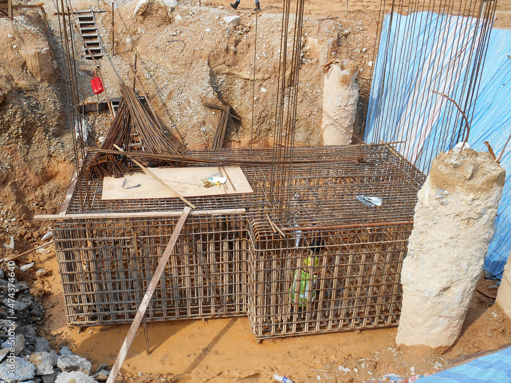 KUALA LUMPUR, MALAYSIA -SEPTEMBER 6, 2019: Pile cap steel reinforcement ...