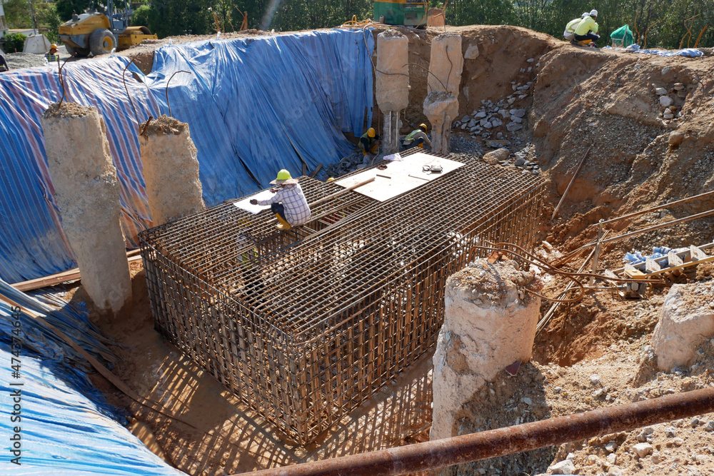 KUALA LUMPUR, MALAYSIA -SEPTEMBER 6, 2019: Pile cap steel reinforcement ...