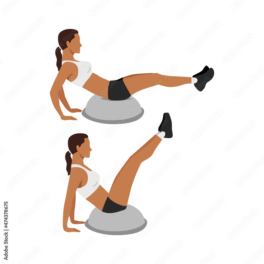Woman doing v-ups exercise using Bosu ball flat vector illustration ...