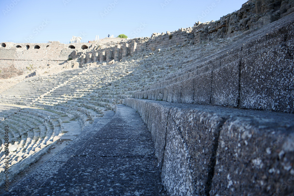 close up view of marble and stone seats of the ancient amphitheatre in ...