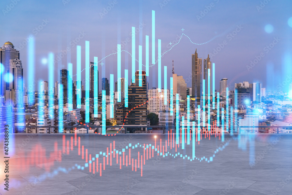 Fototapeta Granatowy, niebieski Rooftop with concrete terrace, Bangkok ...