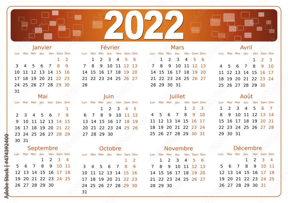 Calendrier 2022 simple - facilement éditable Stock Vector | Adobe Stock