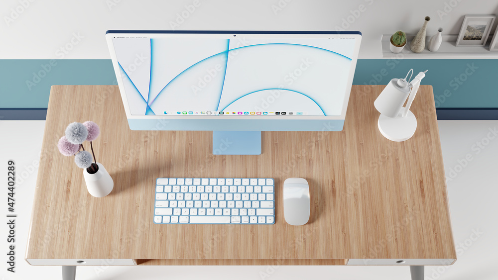 3d illustration of desktop computer in modern interior. All in one ...