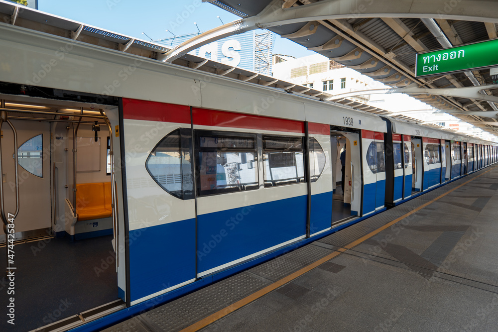 Bangkok, Thailand - December 2021: BTS Skytrain at platform. BTS is ...