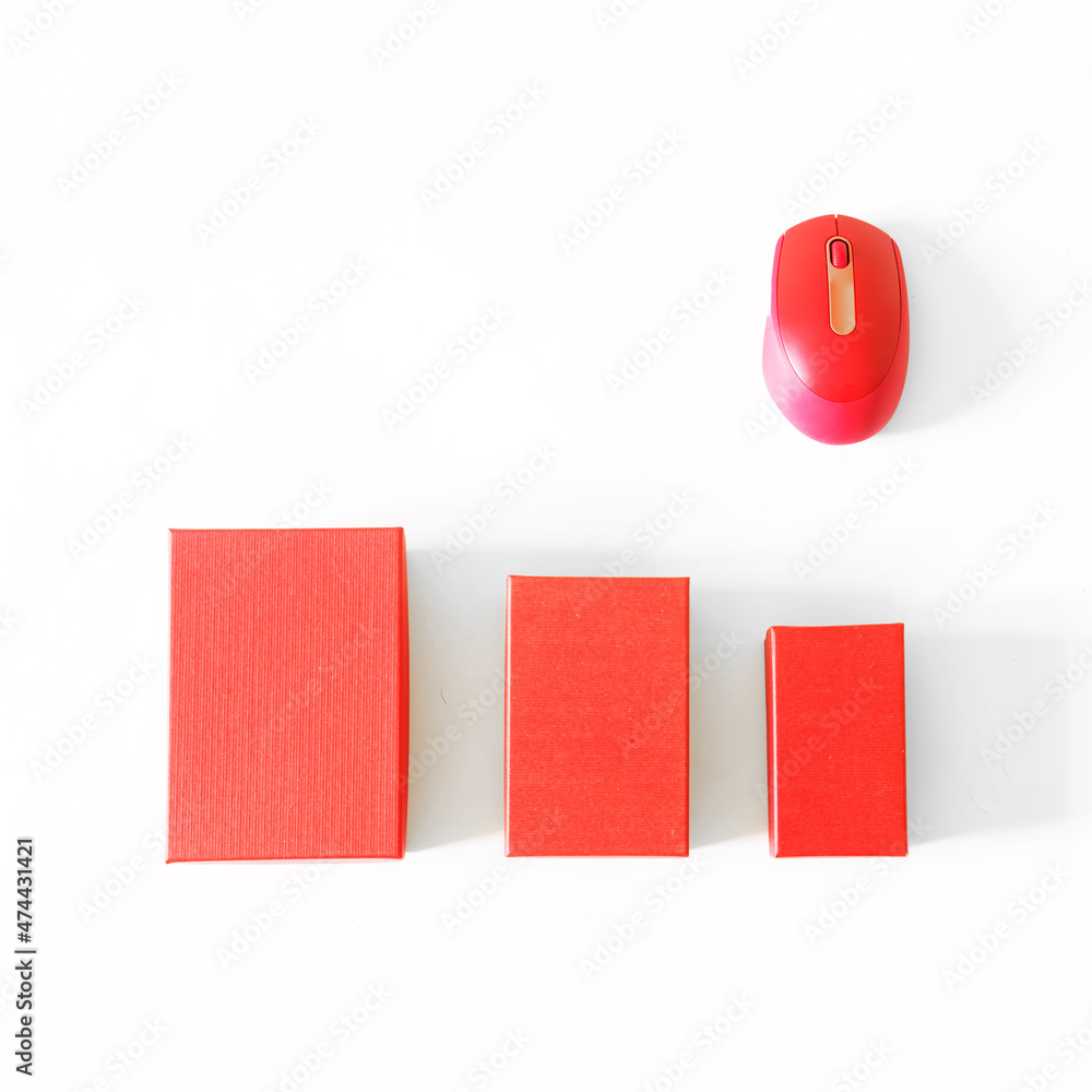 Red computer mouse and three red boxes on a white background. An ...